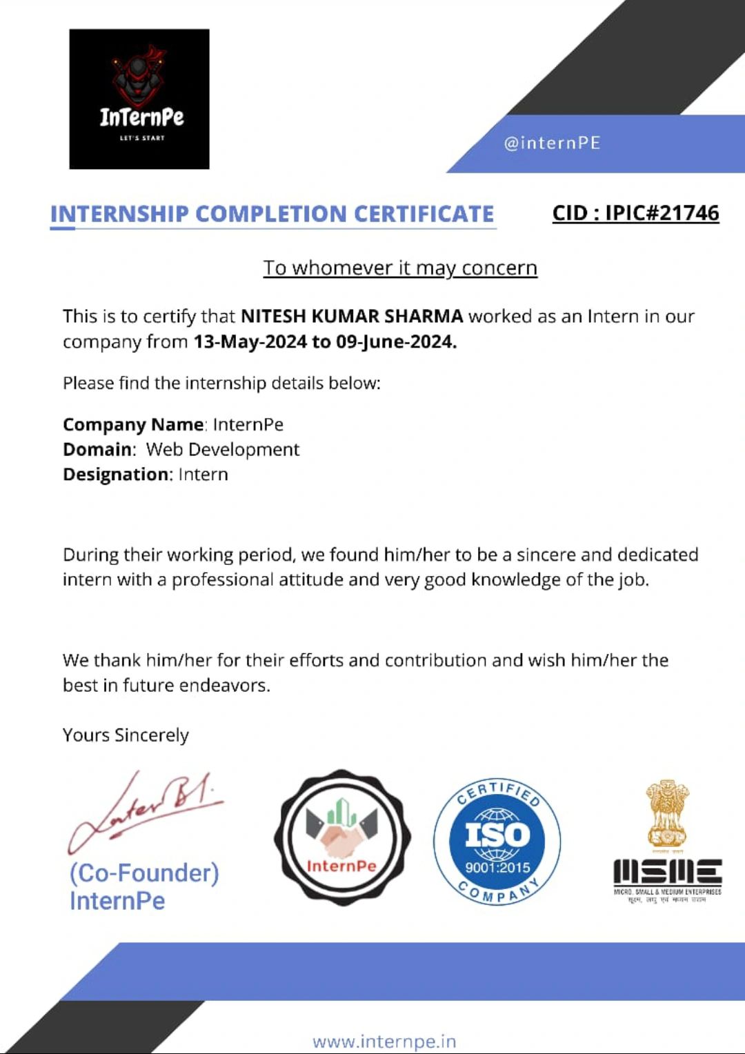 Nitesh Kumar Sharma on LinkedIn: #achievements #internpe #certificate # ... Nitesh Kumar Sharma on LinkedIn: #achievements #internpe #certificate # ...