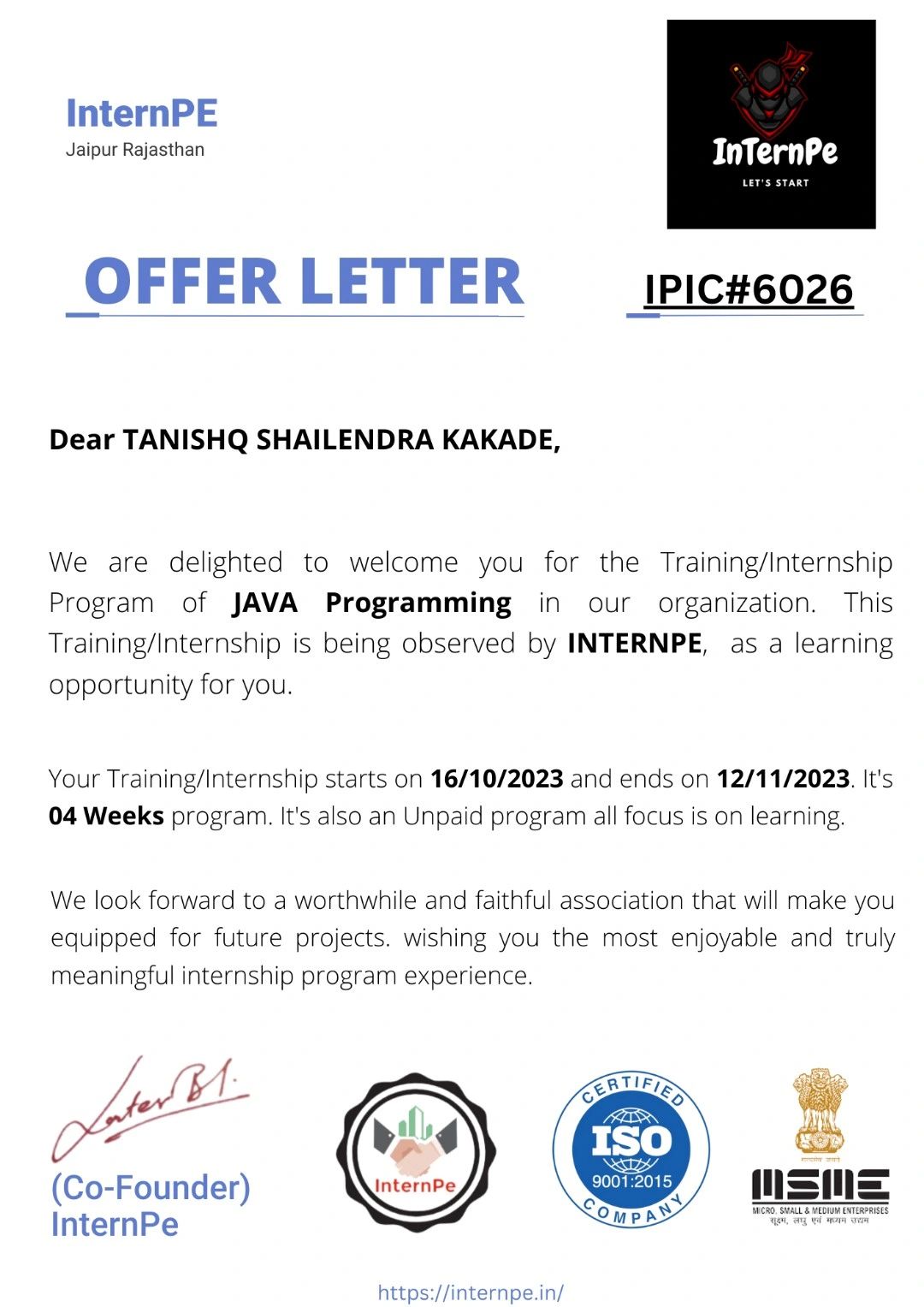 tanishq kakade on LinkedIn: InternPe tanishq kakade on LinkedIn: InternPe