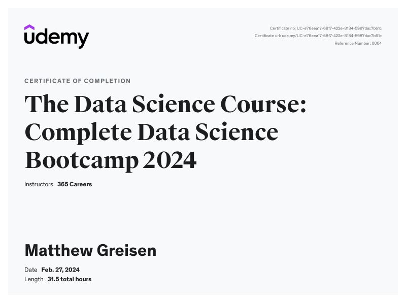 Finished data science course on Udemy | Matthew Greisen posted on the ... Finished data science course on Udemy | Matthew Greisen posted on the ...