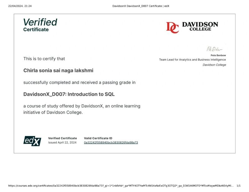 SONIA SAI NAGA LAKSHMI CHIRLA on LinkedIn: #sql #edx #certified SONIA SAI NAGA LAKSHMI CHIRLA on LinkedIn: #sql #edx #certified