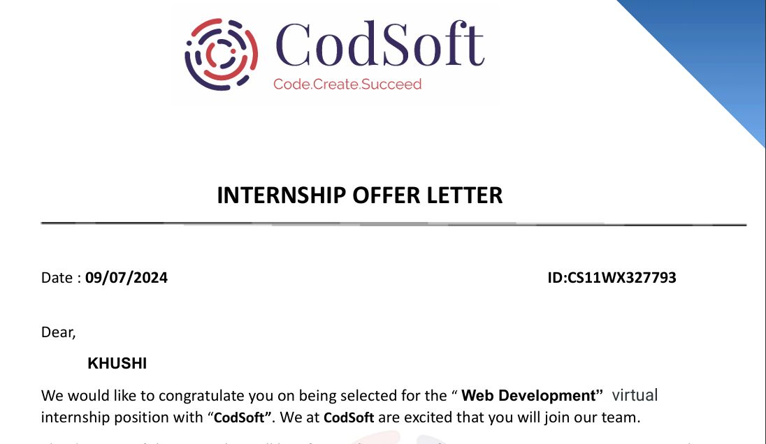 Khushi Mehta on LinkedIn: #internship #codsoft #webdevelopment # ... Khushi Mehta on LinkedIn: #internship #codsoft #webdevelopment # ...