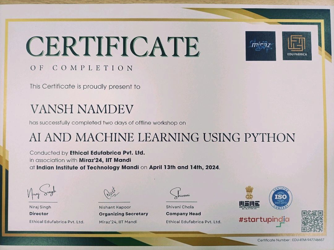 Completed AI and Machine Learning workshop with Ethical Edufabrica ... Completed AI and Machine Learning workshop with Ethical Edufabrica ...