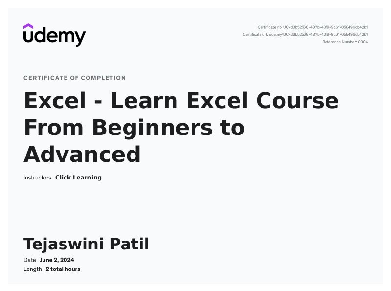 Tejaswini Patil on LinkedIn: #excel #udemy #certificate #skillshare # ... Tejaswini Patil on LinkedIn: #excel #udemy #certificate #skillshare # ...