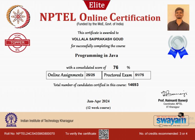 Sai Prakash Vollala on LinkedIn: #java #programming #nptel #certification Sai Prakash Vollala on LinkedIn: #java #programming #nptel #certification