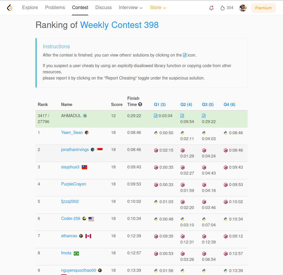 Ahmadul Hasan on LinkedIn: #weekly_contest_398 #leetcode #solved #ranked Ahmadul Hasan on LinkedIn: #weekly_contest_398 #leetcode #solved #ranked