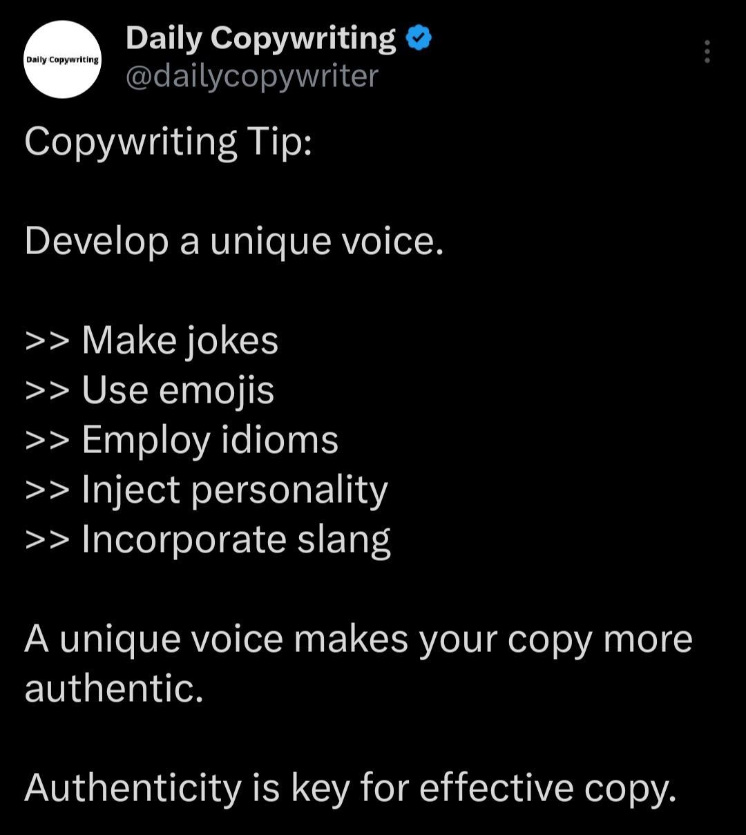 Daily Copywriting on LinkedIn: Copywriting Tip: Develop a unique voice ... Daily Copywriting on LinkedIn: Copywriting Tip: Develop a unique voice ...