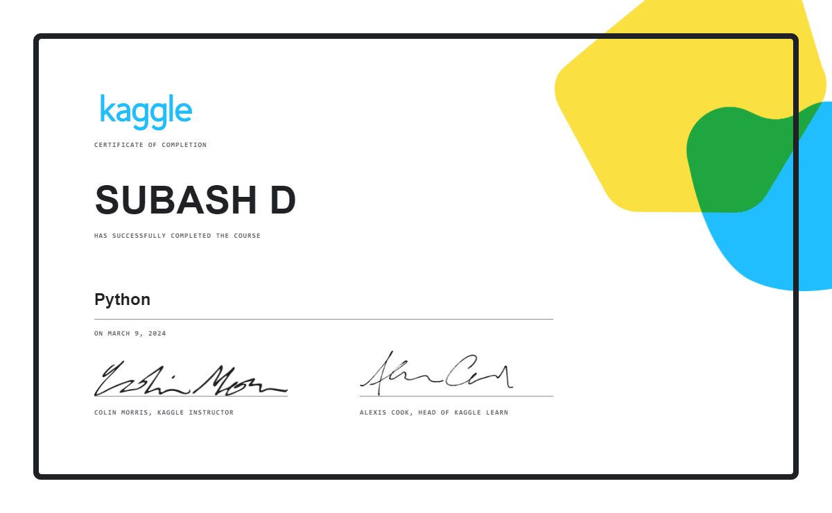 Completed Python Coding course on Kaggle! 🎉 Learned new skills in ... Completed Python Coding course on Kaggle! 🎉 Learned new skills in ...