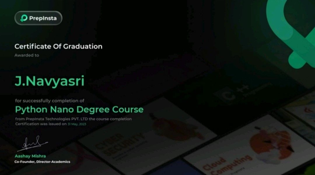 Joshi Navyasri on LinkedIn: Got my Nano Degree certification for Python ... Joshi Navyasri on LinkedIn: Got my Nano Degree certification for Python ...
