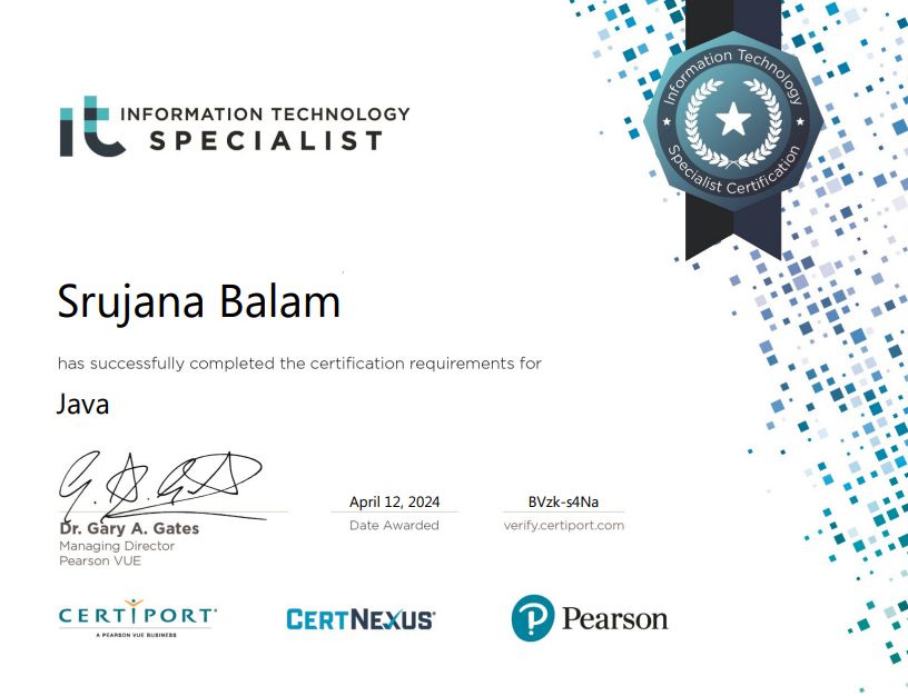 SRUJANA BALAM on LinkedIn: 🎉 Excited to share that I have earned a Java ... SRUJANA BALAM on LinkedIn: 🎉 Excited to share that I have earned a Java ...