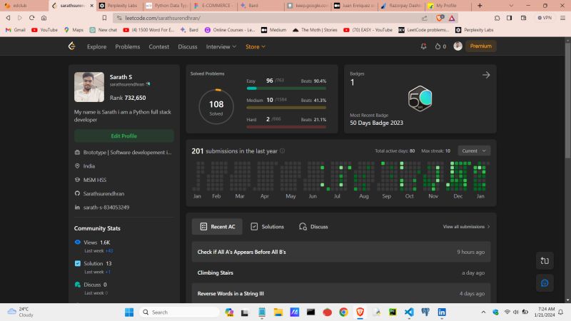 Completed 100 LeetCode problems! | Sarath S posted on the topic | LinkedIn Completed 100 LeetCode problems! | Sarath S posted on the topic | LinkedIn