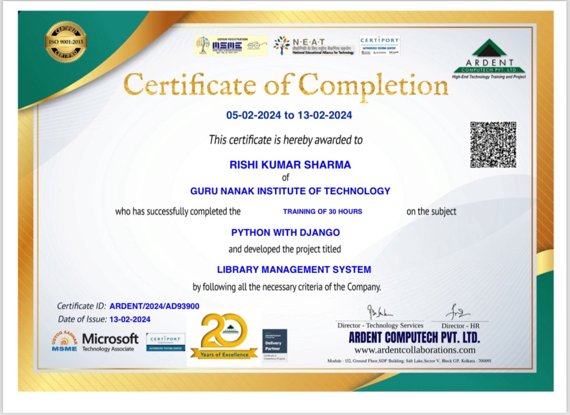 Completed Python with Django course by Ardent Computech | Rishi kumar ... Completed Python with Django course by Ardent Computech | Rishi kumar ...