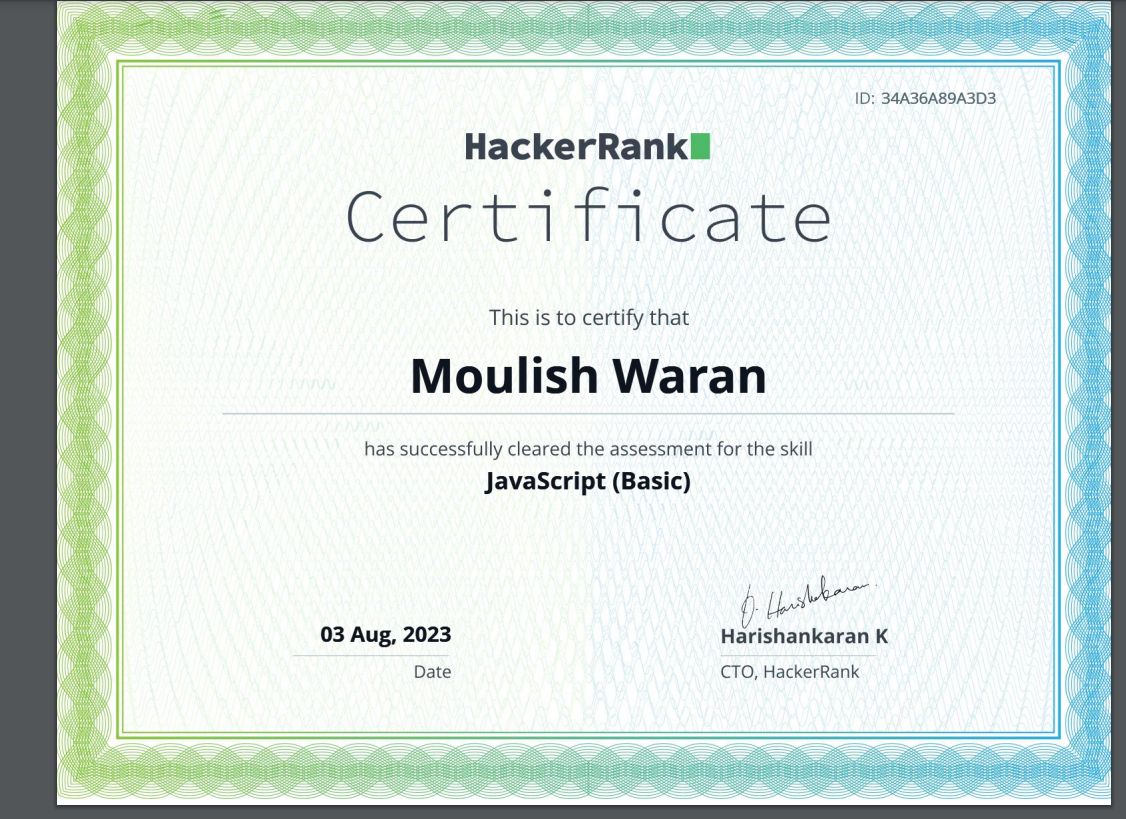 Moulish Waran on LinkedIn: HackerRank Javascript (Basic) test Certificate Moulish Waran on LinkedIn: HackerRank Javascript (Basic) test Certificate