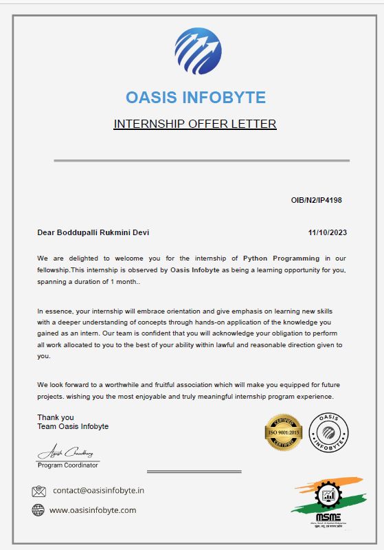 boddupalli rukmini devi on LinkedIn: #oasisinfobyteinternship # ... boddupalli rukmini devi on LinkedIn: #oasisinfobyteinternship # ...