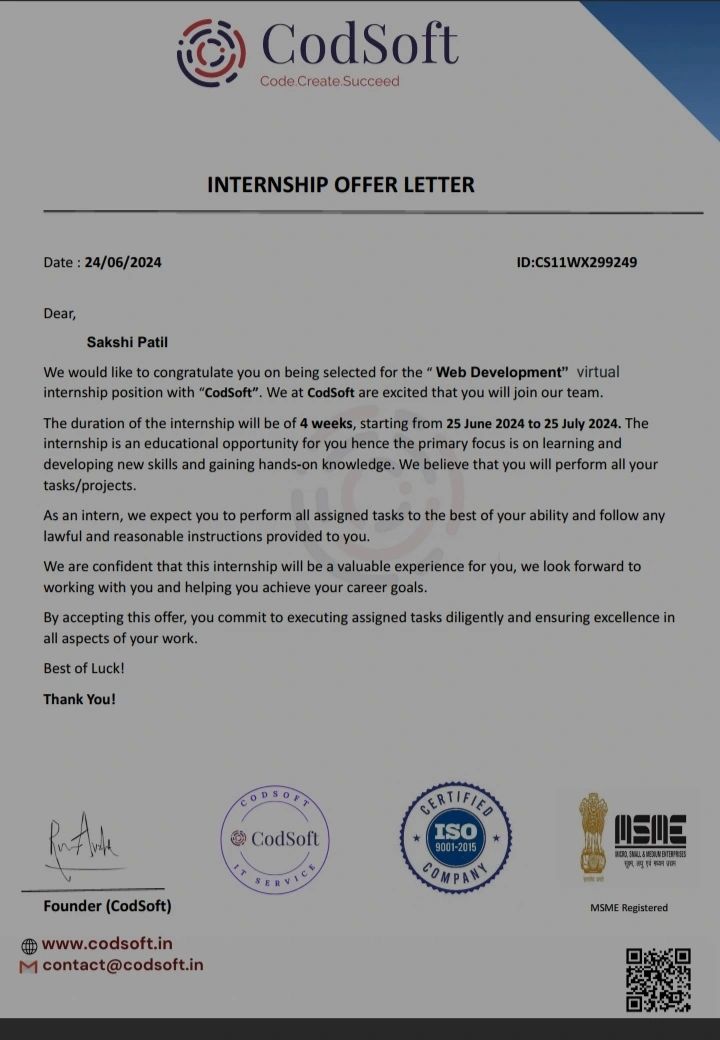 Sakshi Patil on LinkedIn: Thank You Codsoft For the opportunity#codesoft Sakshi Patil on LinkedIn: Thank You Codsoft For the opportunity#codesoft