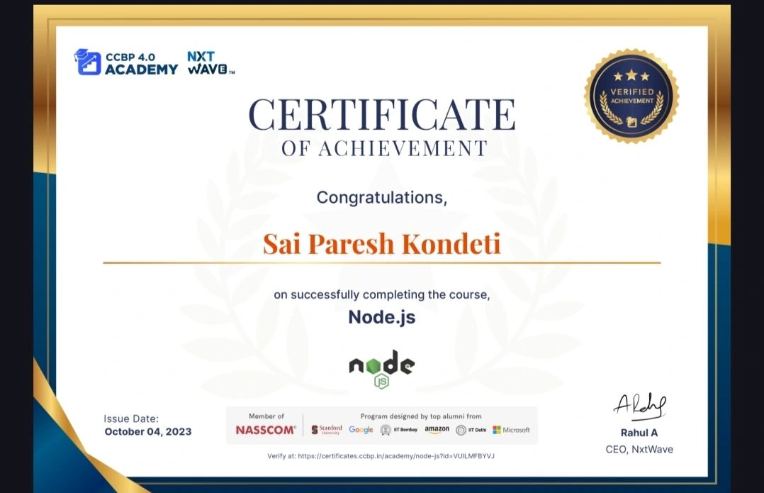 Sai Paresh Kondeti on LinkedIn: #nodejscertification #javascript # ... Sai Paresh Kondeti on LinkedIn: #nodejscertification #javascript # ...
