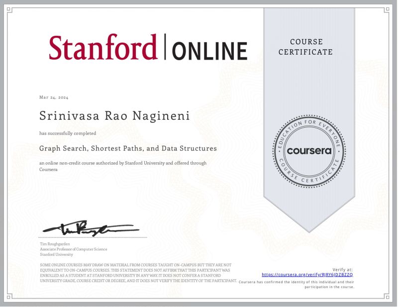 Completed Stanford Online course on graph search algorithms | Srinivasa ... Completed Stanford Online course on graph search algorithms | Srinivasa ...