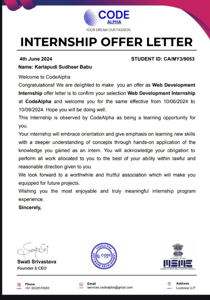 Sudheer Babu Karlapudi on LinkedIn: #codealpha #internship #offerletter ... Sudheer Babu Karlapudi on LinkedIn: #codealpha #internship #offerletter ...