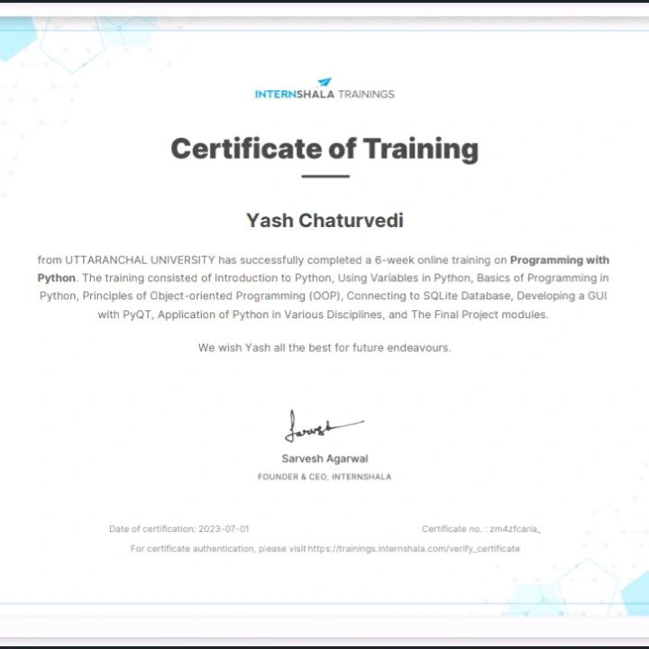 Yash Chaturvedi on LinkedIn: #internshalatrainings #pythonprogramming Yash Chaturvedi on LinkedIn: #internshalatrainings #pythonprogramming