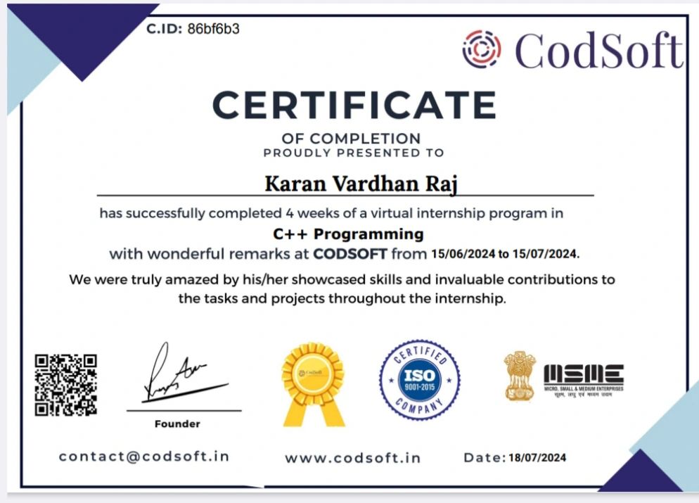 Karan Vardhan Raj on LinkedIn: #codsoft #cplusplus #programmingintern # ... Karan Vardhan Raj on LinkedIn: #codsoft #cplusplus #programmingintern # ...