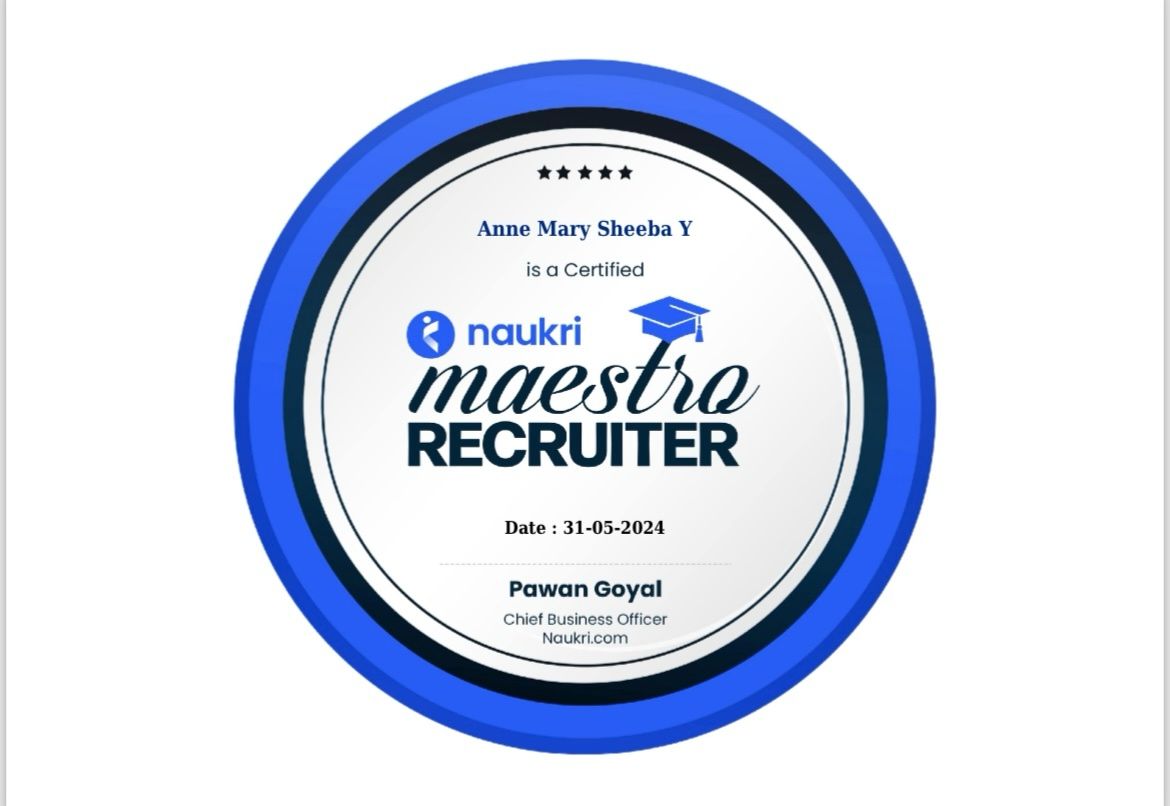 Anne Mary Sheeba Y on LinkedIn: #naurki #maestrorecruiter #milestone # ... Anne Mary Sheeba Y on LinkedIn: #naurki #maestrorecruiter #milestone # ...