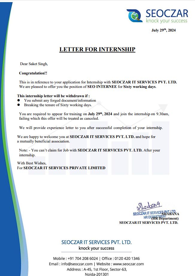 SAKET SINGH on LinkedIn: #internship #offerletter SAKET SINGH on LinkedIn: #internship #offerletter
