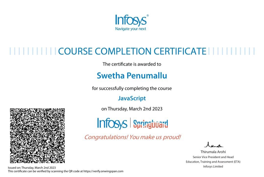 Swetha Penumallu on LinkedIn: Here is my certificate for completing ... Swetha Penumallu on LinkedIn: Here is my certificate for completing ...