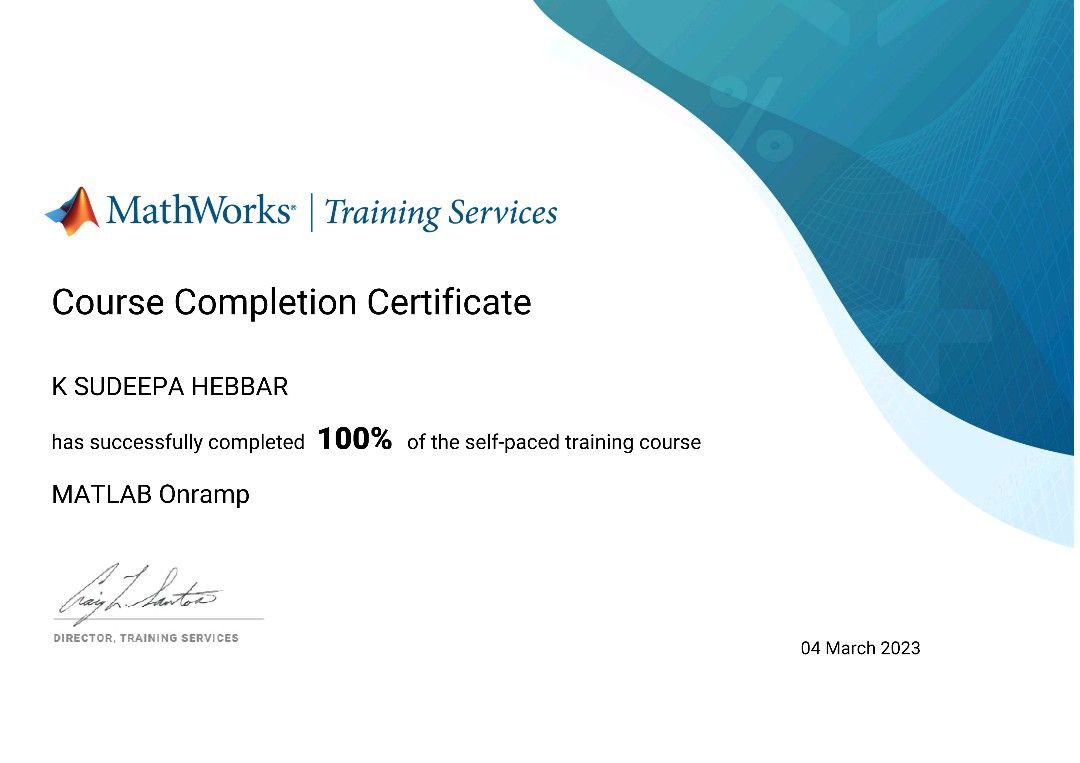 K SUDEEPA HEBBAR on LinkedIn: Hello connections I completed my matlab ... K SUDEEPA HEBBAR on LinkedIn: Hello connections I completed my matlab ...