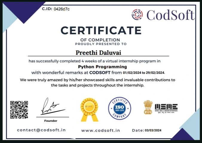 Preethi Daluvai on LinkedIn: #codsoftinternship #pythonprogramming # ... Preethi Daluvai on LinkedIn: #codsoftinternship #pythonprogramming # ...