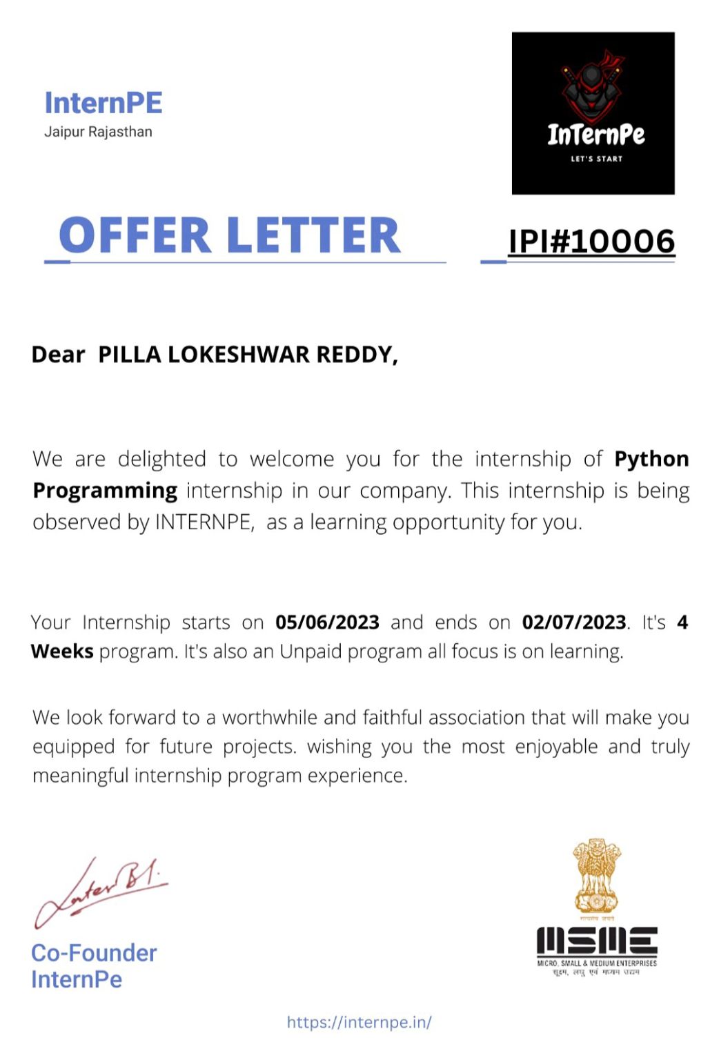 Lokesh Pilla on LinkedIn: #internpe #internship #opportunity #python Lokesh Pilla on LinkedIn: #internpe #internship #opportunity #python