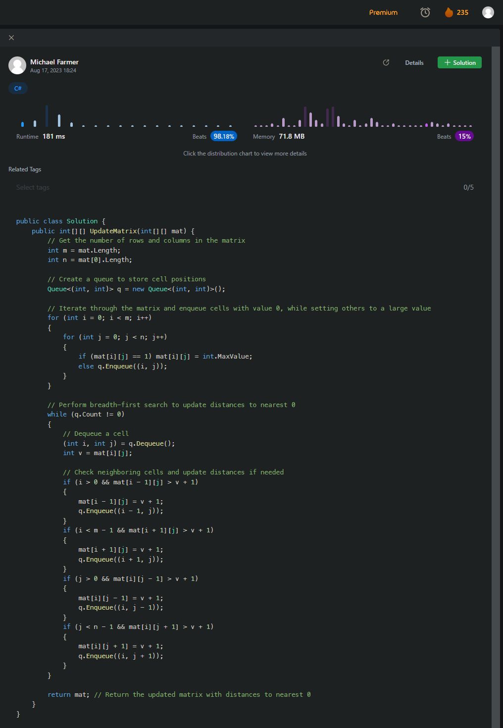 Michael Farmer on LinkedIn: Day 235 of Daily LeetCode | 542. 01 Matrix… Michael Farmer on LinkedIn: Day 235 of Daily LeetCode | 542. 01 Matrix…