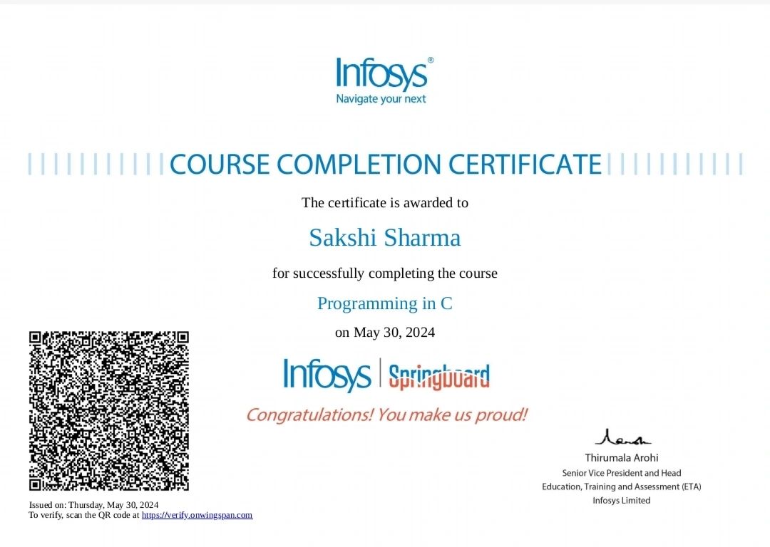 Sakshi Sharma on LinkedIn: #infosys #cprogramming #certification # ... Sakshi Sharma on LinkedIn: #infosys #cprogramming #certification # ...