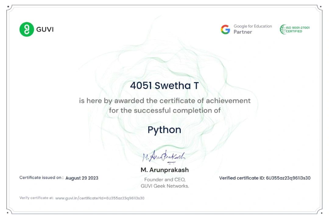 Swetha T on LinkedIn: Python certificate from Guvi Swetha T on LinkedIn: Python certificate from Guvi