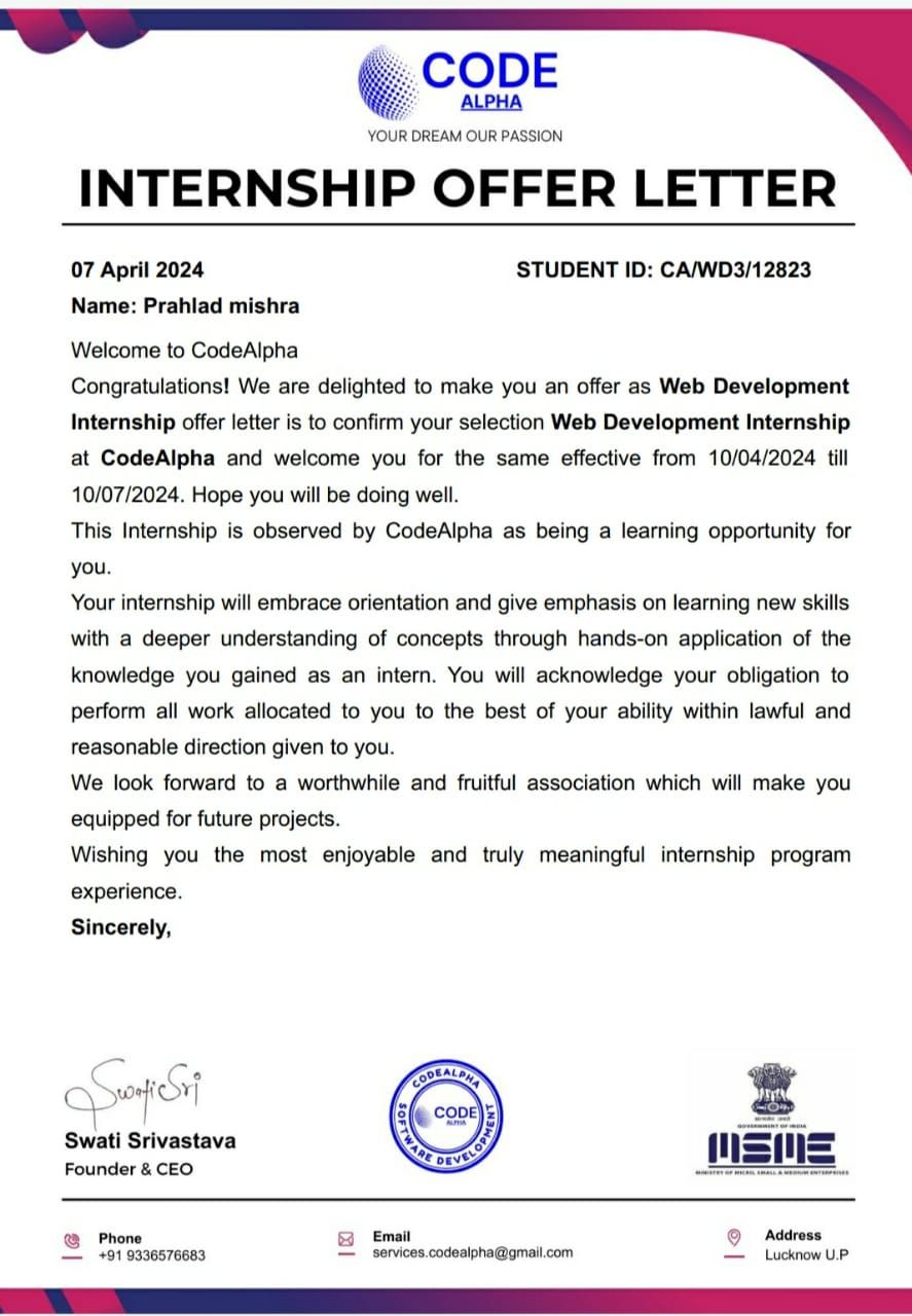 Prahlad Mishra on LinkedIn: #webdevelopment #internship #codealpha Prahlad Mishra on LinkedIn: #webdevelopment #internship #codealpha