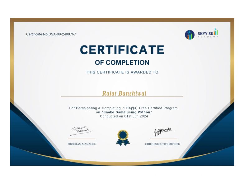 Completed python course on Snake Game using pygame | Rajat Banshiwal ... Completed python course on Snake Game using pygame | Rajat Banshiwal ...