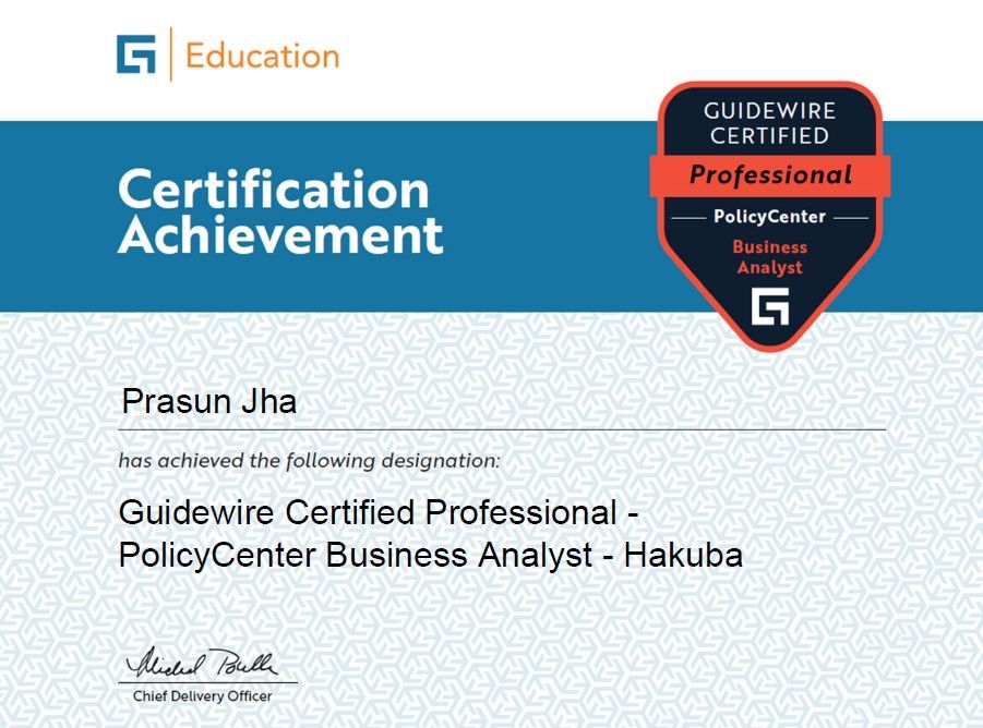 Prasun Jha on LinkedIn: One more Guidewire certification upgrade to the ... Prasun Jha on LinkedIn: One more Guidewire certification upgrade to the ...