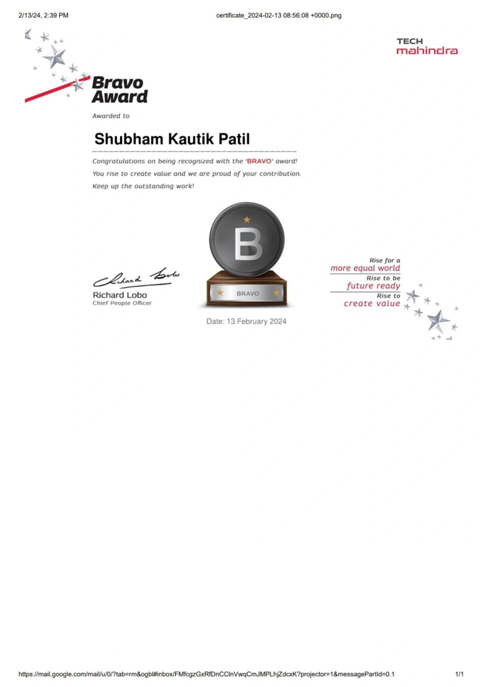 Shubham Patil on LinkedIn: Honored to receive the 'Bravo' award Thank ... Shubham Patil on LinkedIn: Honored to receive the 'Bravo' award Thank ...