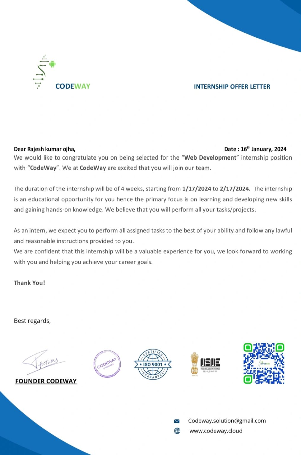 Rajesh Kumar Ojha on LinkedIn: #internship #codeway Rajesh Kumar Ojha on LinkedIn: #internship #codeway