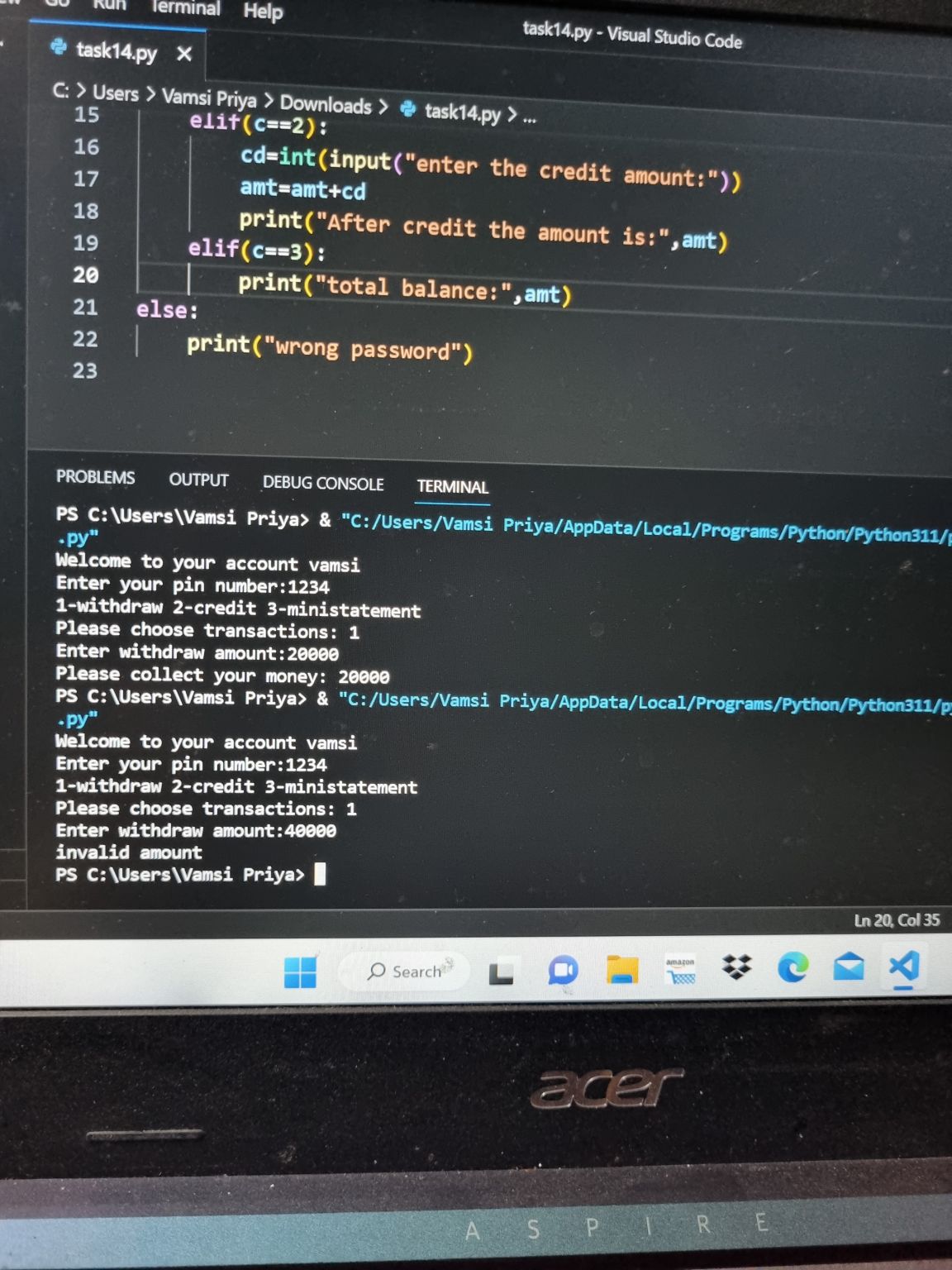 Dumpa Vamsi Priya on LinkedIn: task- 14 write a program on atm using ... Dumpa Vamsi Priya on LinkedIn: task- 14 write a program on atm using ...