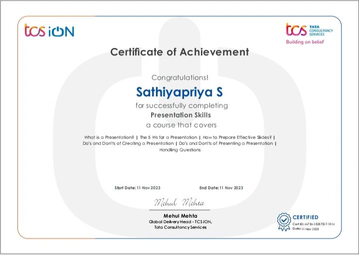 Sathiyapriya S on LinkedIn: #tcsion #tcs Sathiyapriya S on LinkedIn: #tcsion #tcs