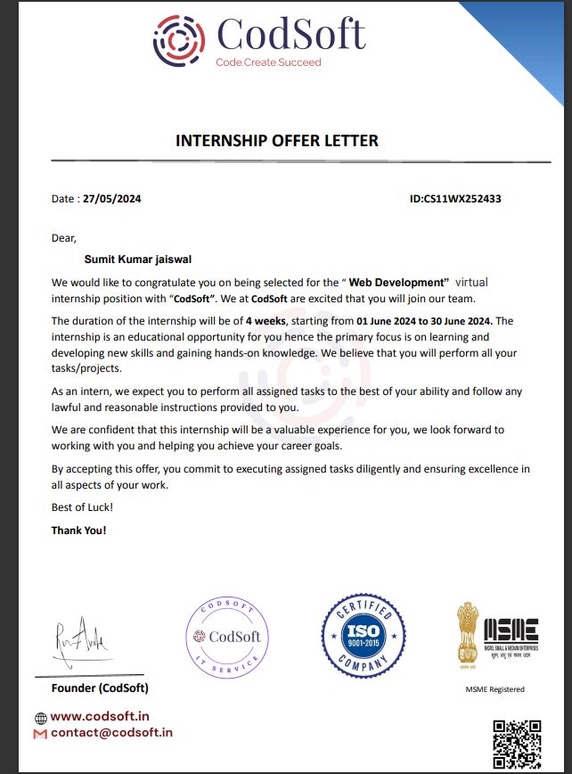 Sumit Kumar Jaiswal on LinkedIn: #connections #internship #codesoft # ... Sumit Kumar Jaiswal on LinkedIn: #connections #internship #codesoft # ...
