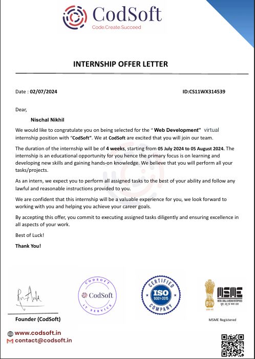 Nischal Nikhil on LinkedIn: #codsoft #internship Nischal Nikhil on LinkedIn: #codsoft #internship