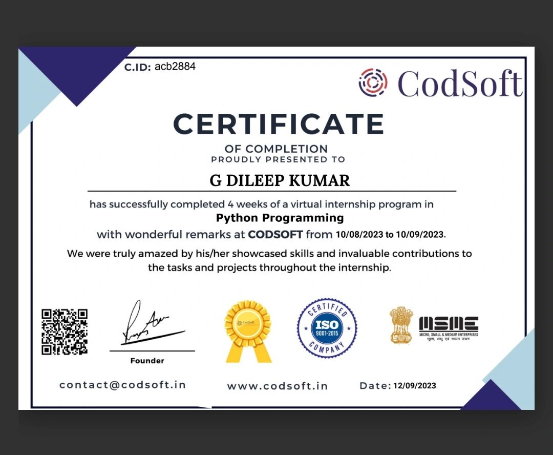 Dileep Kumar on LinkedIn: #codsoft #cif Dileep Kumar on LinkedIn: #codsoft #cif