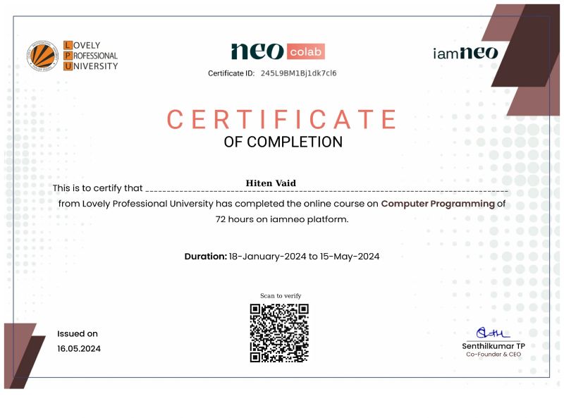 Completed C Programming course from iamneo | Hiten Vaid posted on the ... Completed C Programming course from iamneo | Hiten Vaid posted on the ...