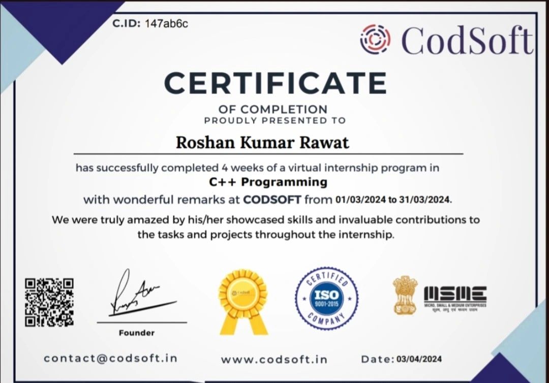 Roshan Kumar Rawat on LinkedIn: #cplusplus #programming #certificate # ... Roshan Kumar Rawat on LinkedIn: #cplusplus #programming #certificate # ...