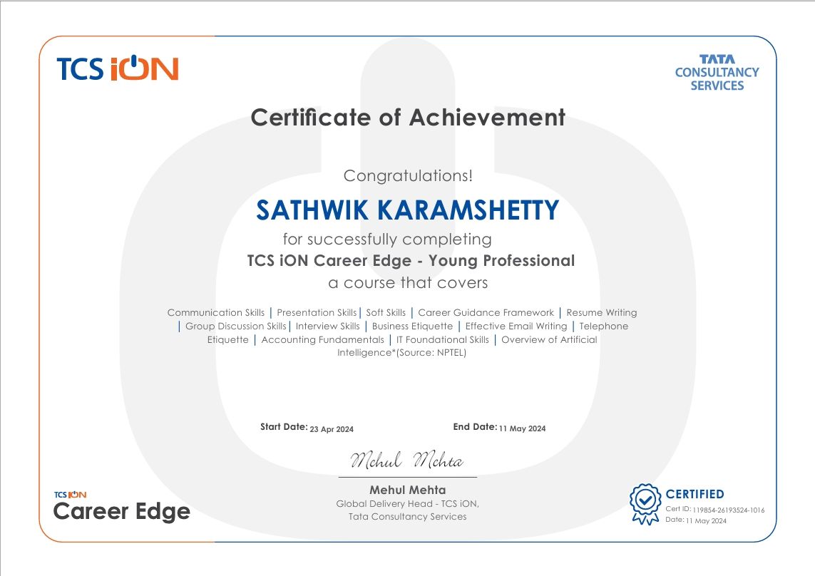 Completed TCS iON Career Edge course | SATHWIK KARAMSETTY posted on the ... Completed TCS iON Career Edge course | SATHWIK KARAMSETTY posted on the ...