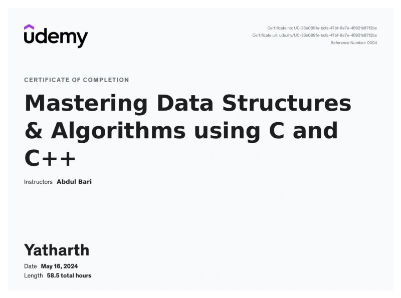 Completed Data Structures & Algorithms course on Udemy | Yatharth ... Completed Data Structures & Algorithms course on Udemy | Yatharth ...