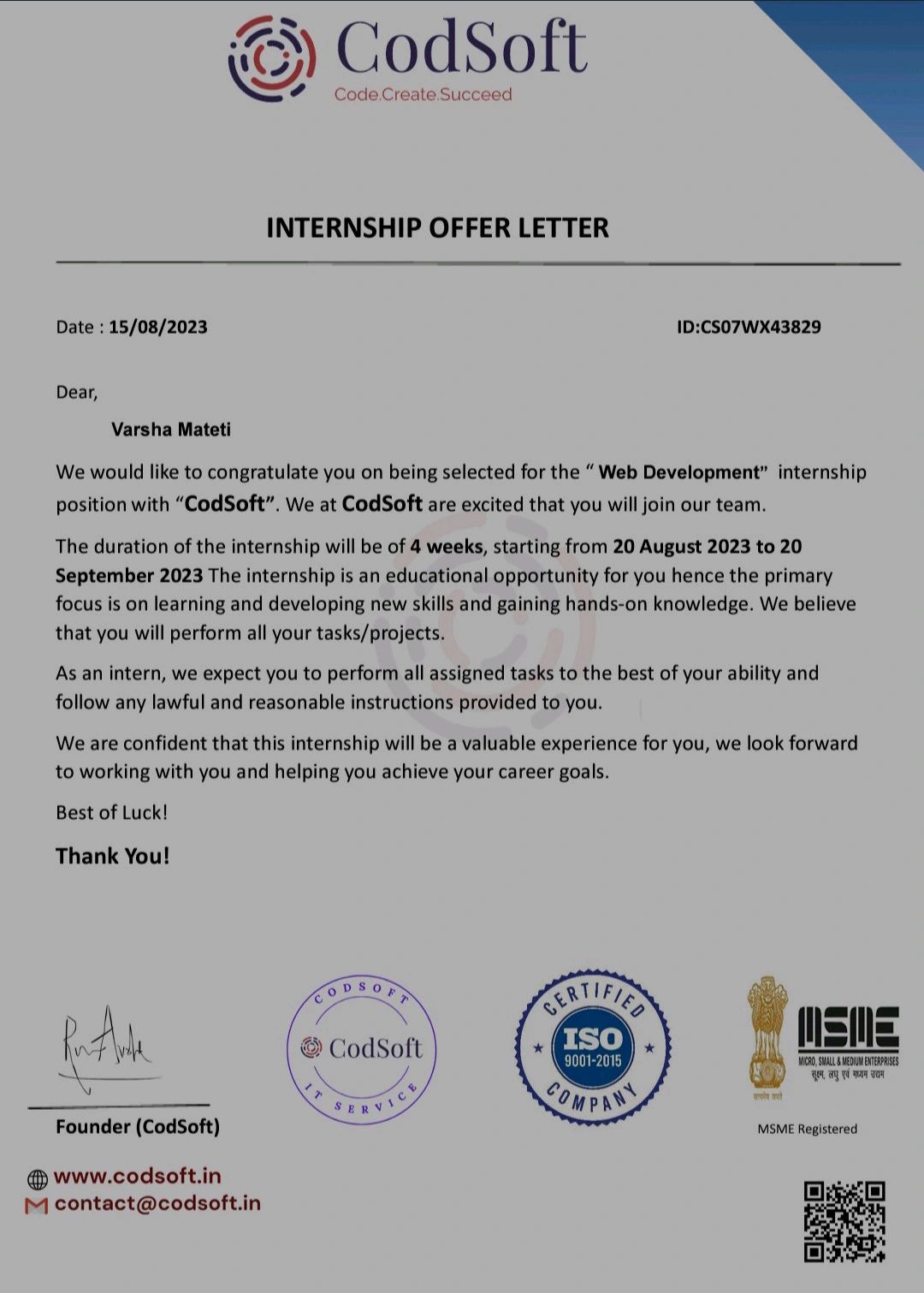 Varsha Mateti on LinkedIn: #codsoft #internship #webdevelopment # ... Varsha Mateti on LinkedIn: #codsoft #internship #webdevelopment # ...