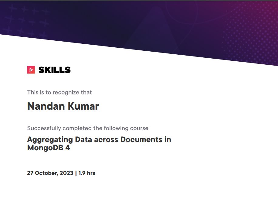 Completed MongoDB Data Aggregation course | Nandan kumar posted on the ... Completed MongoDB Data Aggregation course | Nandan kumar posted on the ...