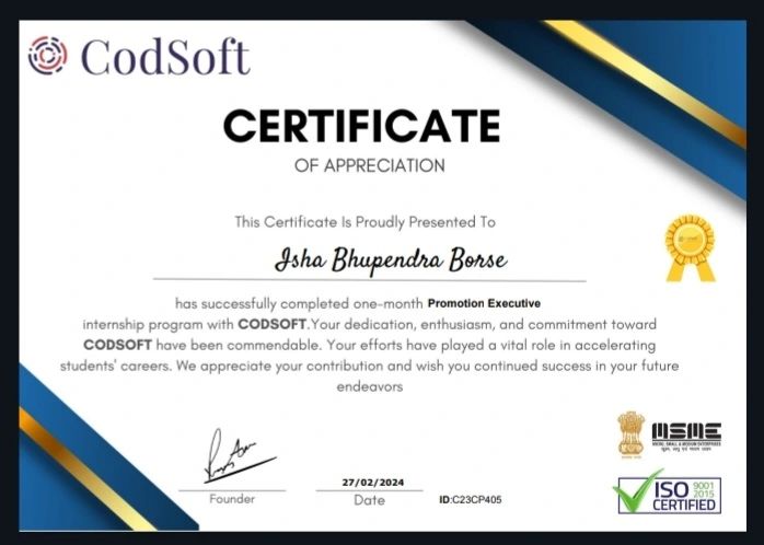 Isha Borse on LinkedIn: #promotion #codsoft #cip #cipcertificate # ... Isha Borse on LinkedIn: #promotion #codsoft #cip #cipcertificate # ...