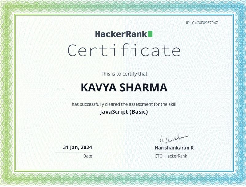 Kavya Sharma on LinkedIn: #javascript #coding #certification #hackerrank Kavya Sharma on LinkedIn: #javascript #coding #certification #hackerrank